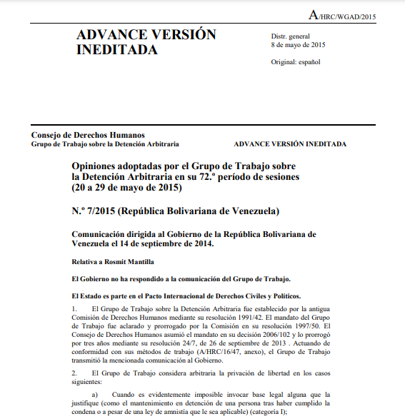 Resolución ONU No. 7/2015 sobre Rosmit Mantilla · Foro Penal